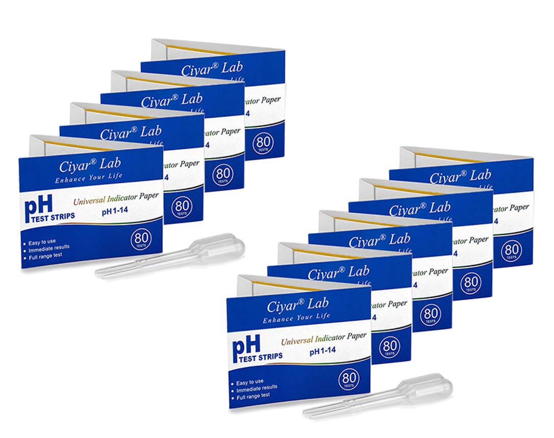 Ciyar Litmus pH Test Strips Universal Application Indicator Paper, pH Value Testing Kit Extensive Range of 1-14, Bonus 2 Plastic Eye Droppers, 720ct / 9 Pack
