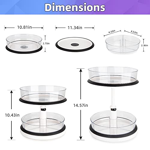 2-Tier Lazy Susan Turntable and Height Adjustable Cabinet Organizer with 1x Large Bin and 3 x Divided Bins, Removable, Clear Spice Rack
