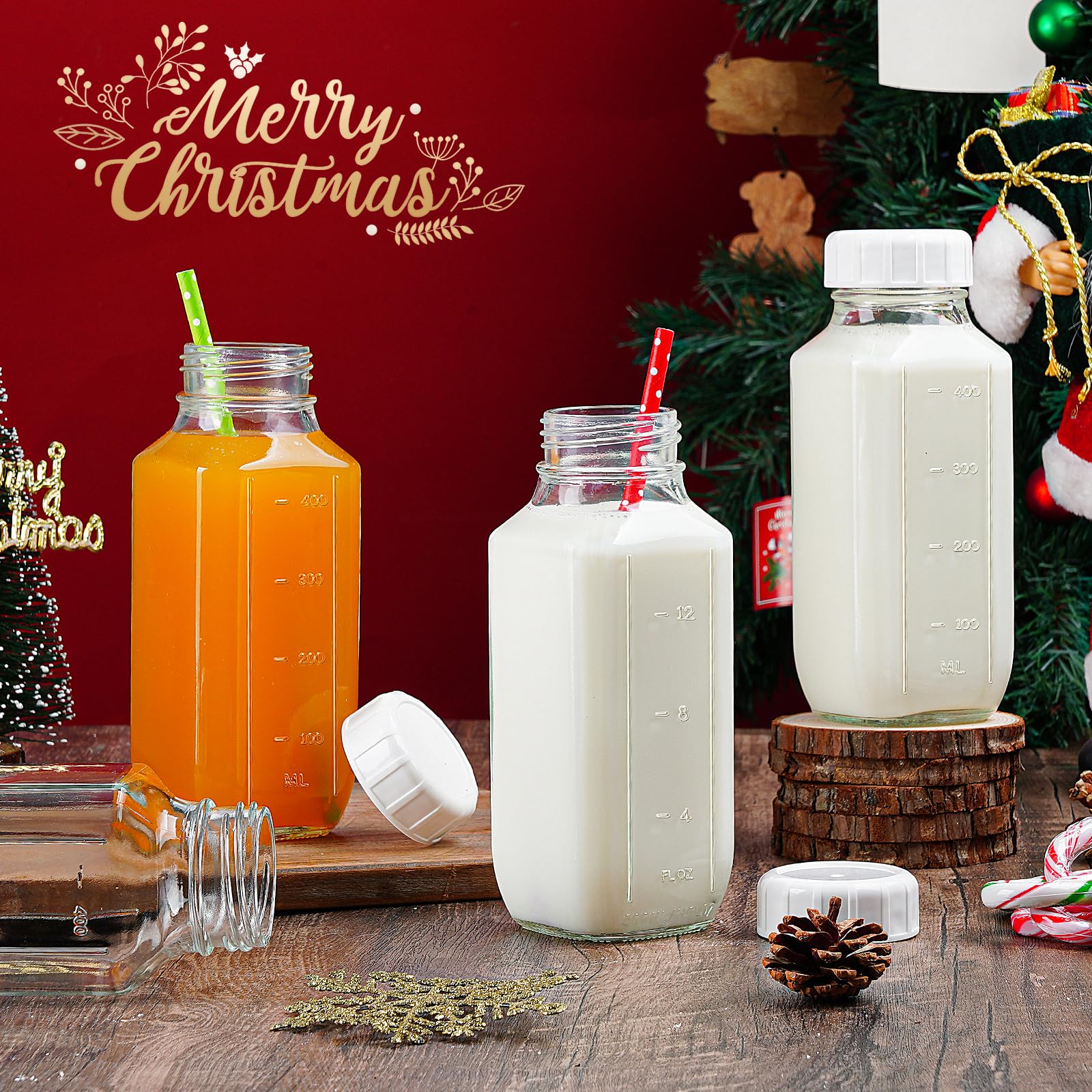 6 Pack 16 Oz Glass Juice Bottles w Pour Spout, 100% Airtight Heavy Duty SCREW Lid- Reusable Glass Milk Bottles w Capacity Mark, Square Drinking Jar Juice Container(Extra 2 Lid)