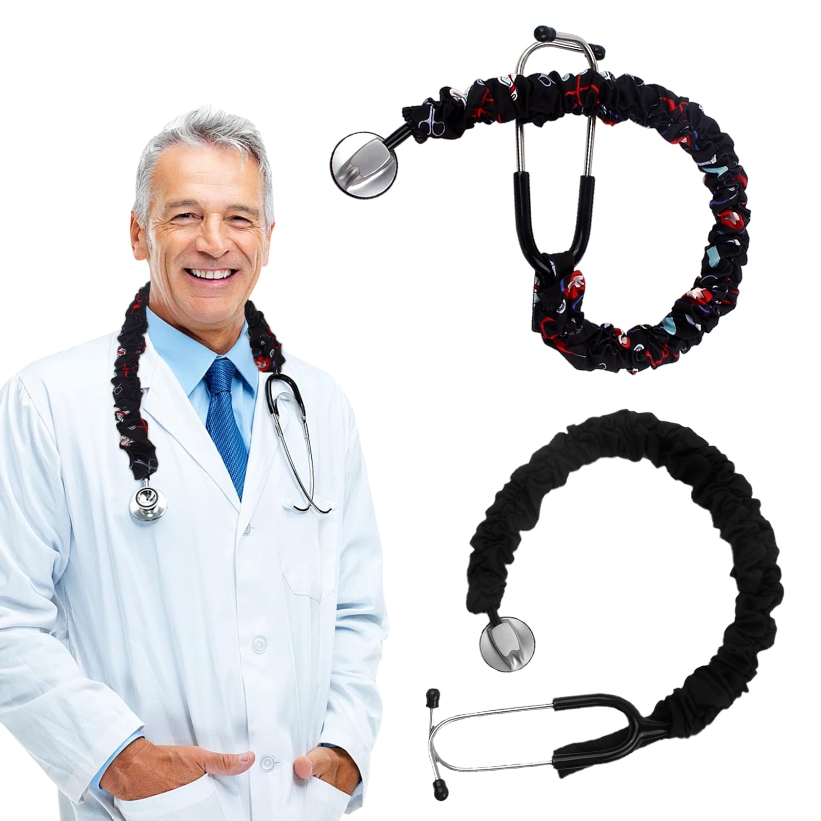 2PCS Stretchy Stethoscope Cover Scrunchie,Compatible with All Types of Stethoscopes,Protect Bare Neck & Tubing,Stethoscope Accessories for Nurses Doctors(Floral&Black)