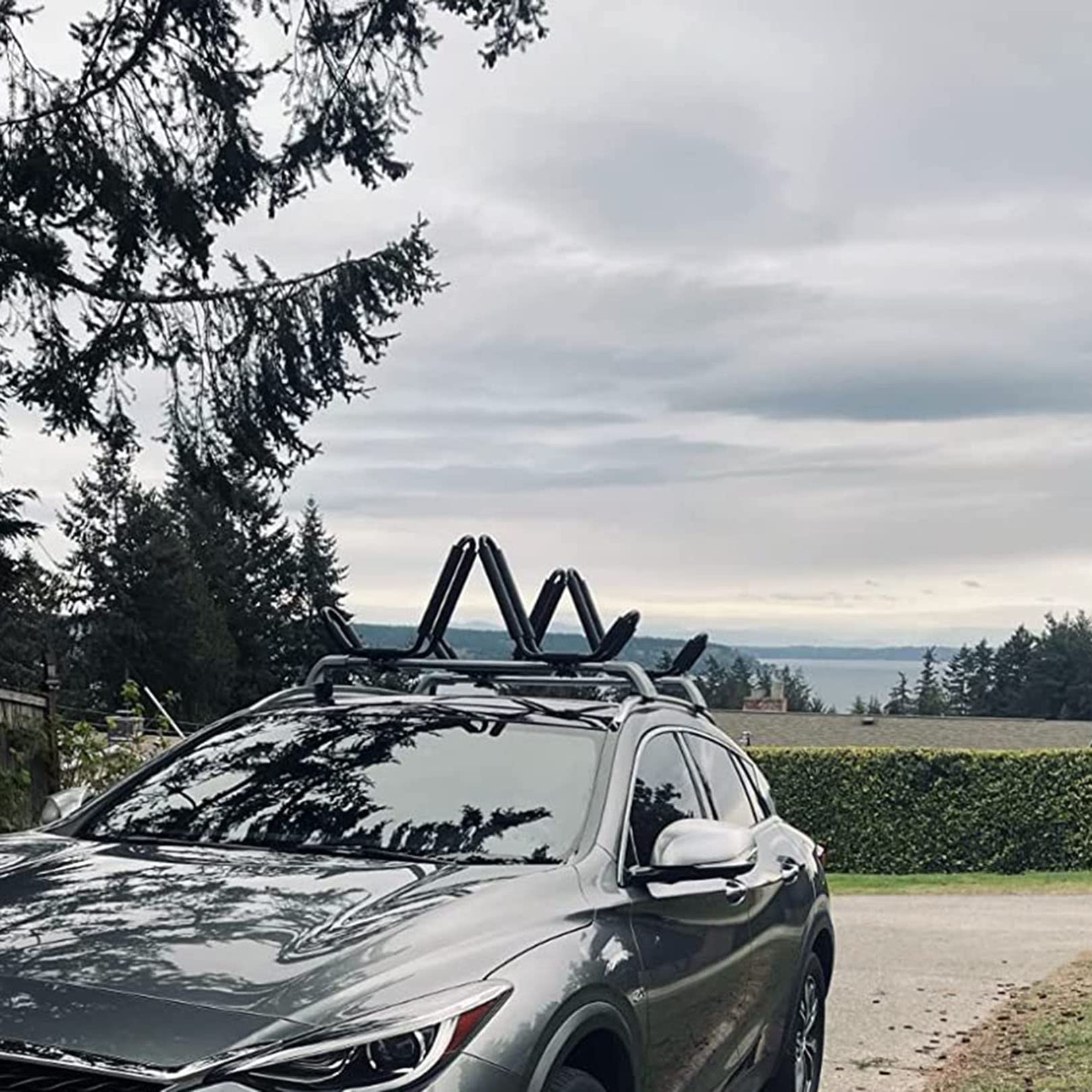 2 Pairs Kayak Rack J-Bar Car Roof Rack for Canoe Carrier SUP Paddle Surfboard Mount on Car SUV and Truck Crossbar, Includes 4 Pcs Roof Rack Tie Down Cam Straps.