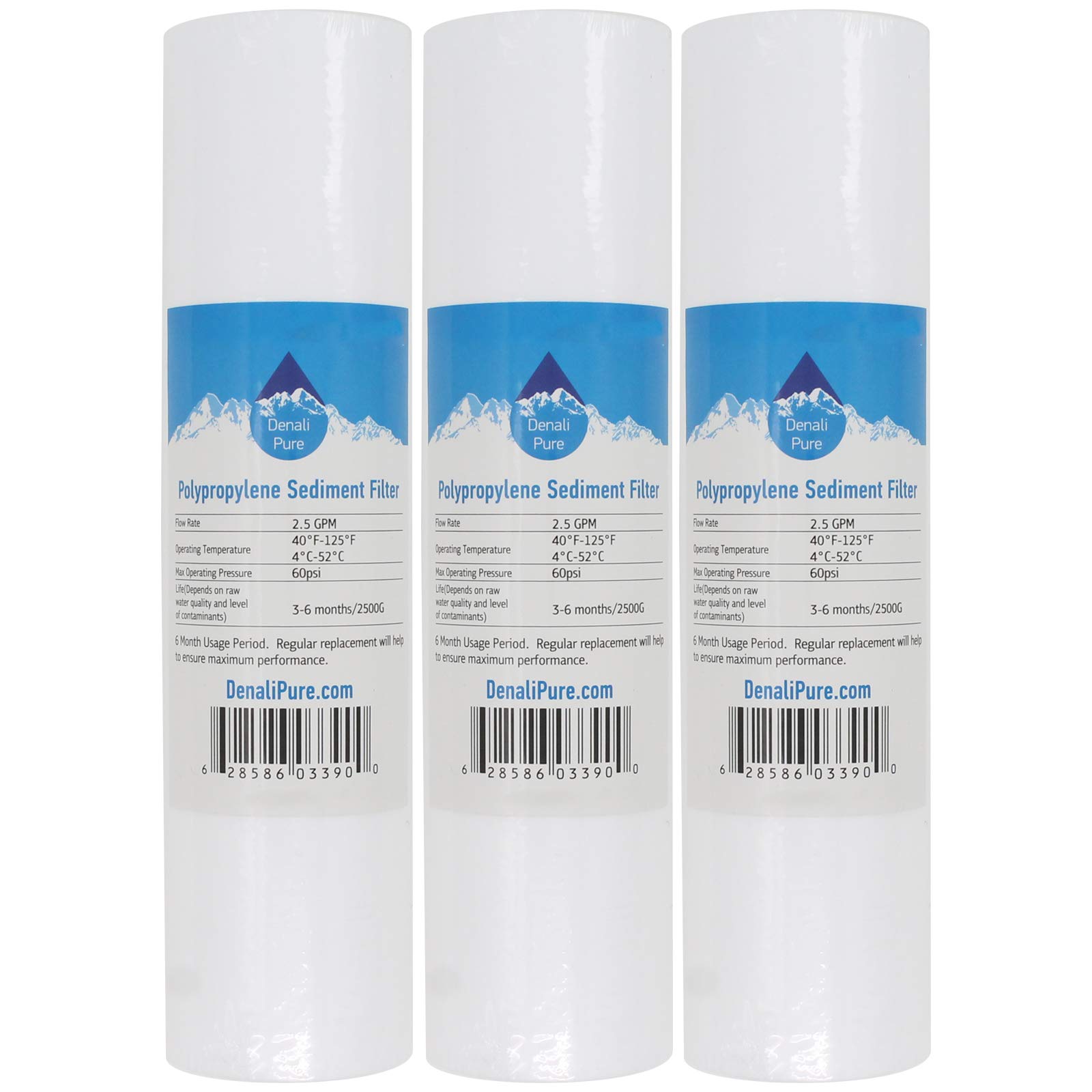 3-Pack Replacement for GE GXWH20S Polypropylene Sediment Filter - Universal 10-inch 5-Micron Cartridge Compatible with GE SINGLE SUMP WHOLE HOME FILTRATION SYSTEM - Denali Pure Brand