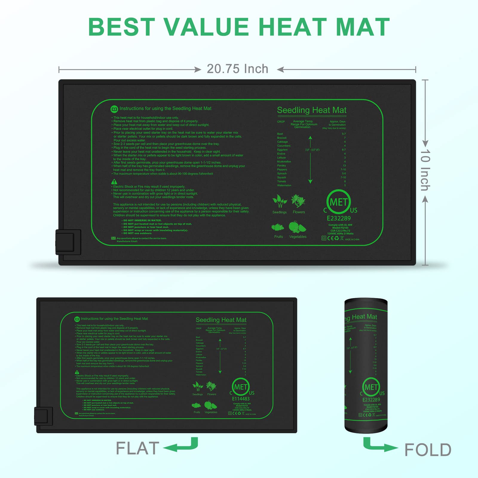 21W Seedling Heat Mat for Seed Starting, 10" x 20.75" Waterproof Heating Pad for Indoor Plants Germination Hydroponic, MET Standard - 2 Pack