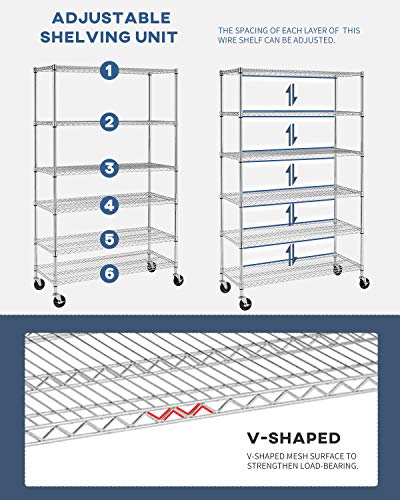 BestOffice 18x48x72 Wire Shelving with Commercial Wheels 6-Shelf Adjustable Heavy Duty Storage Shelves Metal Shelves Storage Unit Shelf,6000 LBS (Chrome)