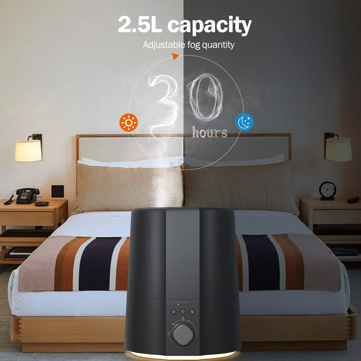 Air Humidifiers for Home, 2.5L Small Cool Mist Humidifiers for 30H Humidifying, Mini Quiet Ultrasonic Air Humidifiers for Baby, Plants, Bed Room, Night Light, Easy to Clean, 4 Timing, Auto Shut-Off Humidifiers (Black)