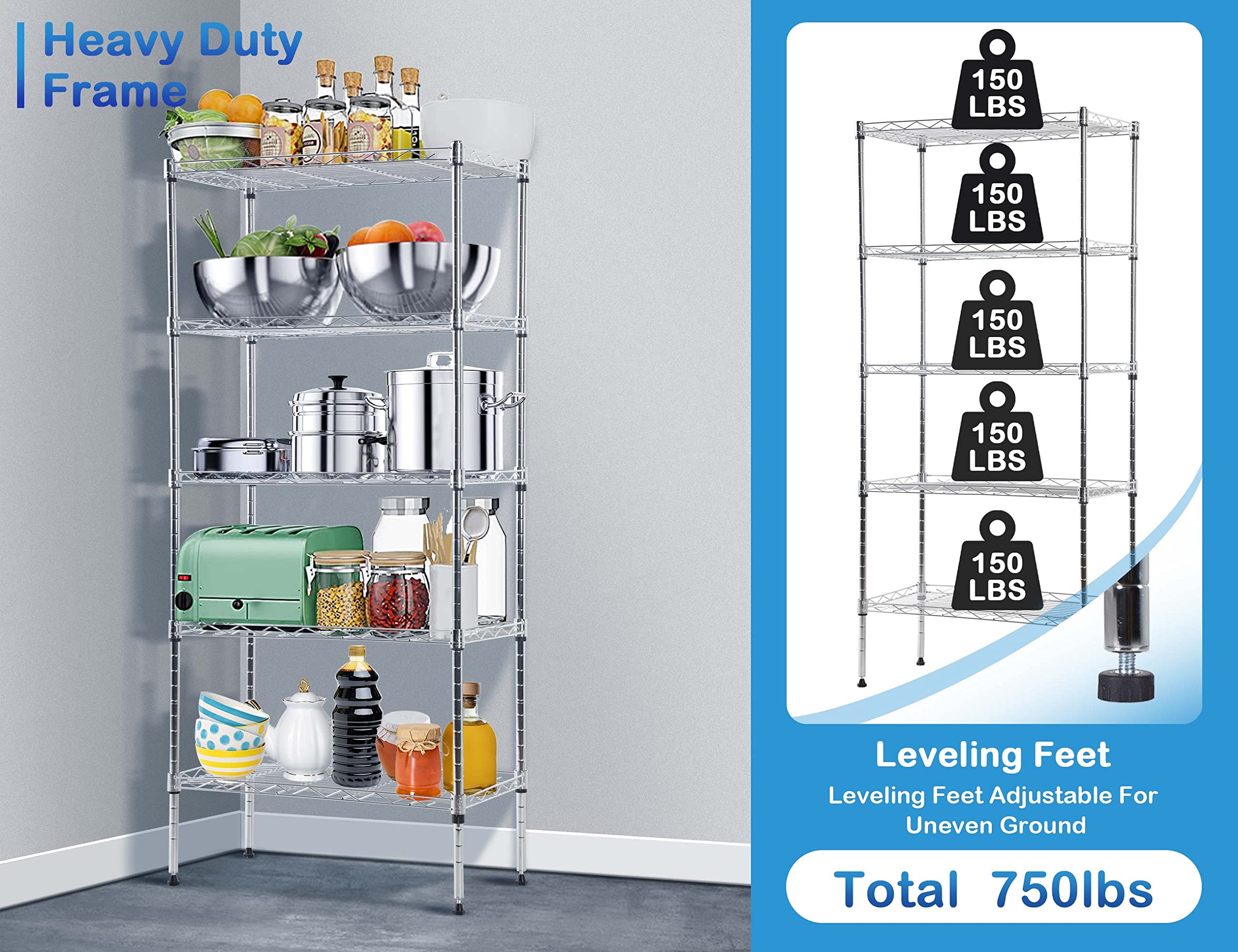 5-Tier Metal Wire Shelving Unit Kitchen Shelf Organizer Kitchen Storage Rack Utility Shelf Snack Shelf, NSF Certified Storage Shelves for Storage, Garage Shelving Storage Shelf Pantry Shelves