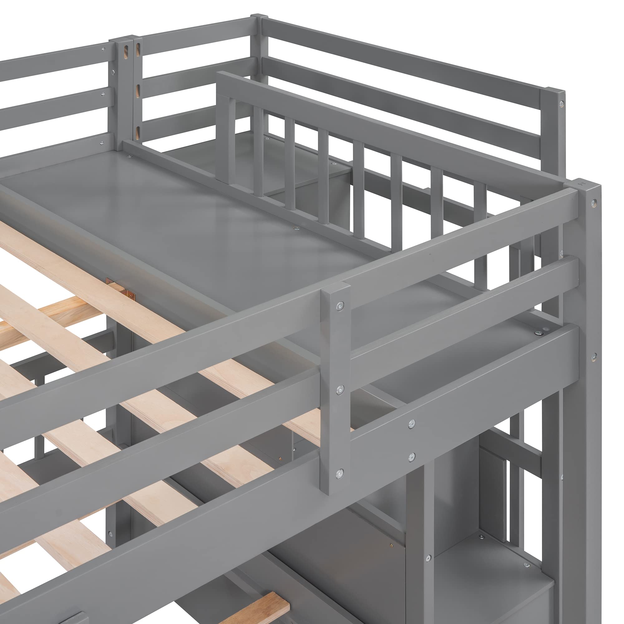 Full Over Twin & Twin Bunk Bed, Wood Triple Bunk Bed Frame with with Staircase, Drawers and Guardrails, Multi-Functional Bunk Bed for Kids, Teens, Adults (Gray*Staircase)
