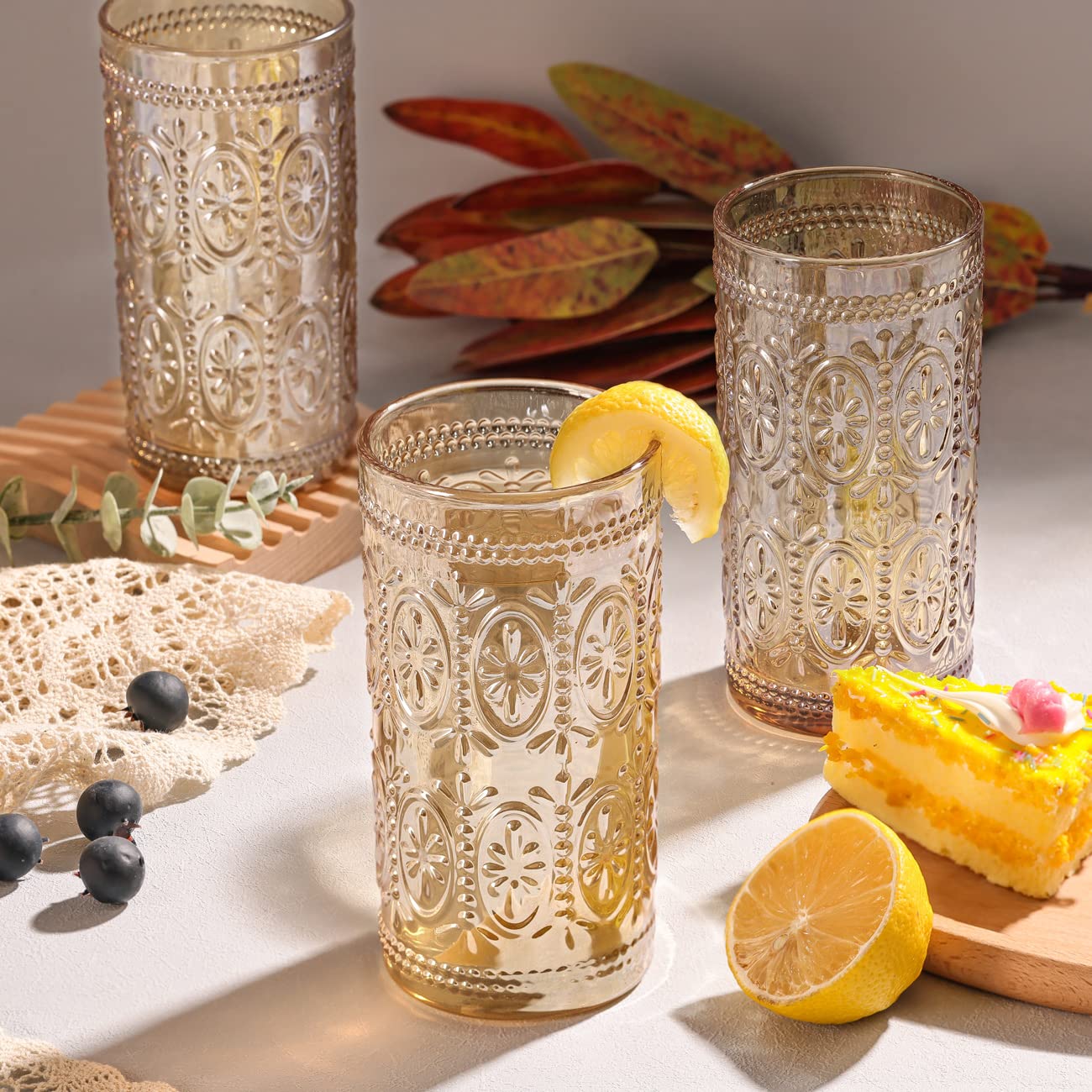 6 Pack Highball Beverage Glass Cup, 12oz Amber Glassware Drinking, Vintage Embossed Drinking Glasses, Old Fashioned Glass for Party Wedding Home Office and Gift