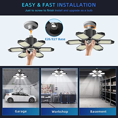 Adiding LED Garage Ceiling Light - 2 Packs Adjustable 20000lm Bright LED Basement Light 6 Deformable Panels 6500K Shop Lights Screw in E26 E27 Bulb Socket for Workshop Storage Room Warehouse Attic
