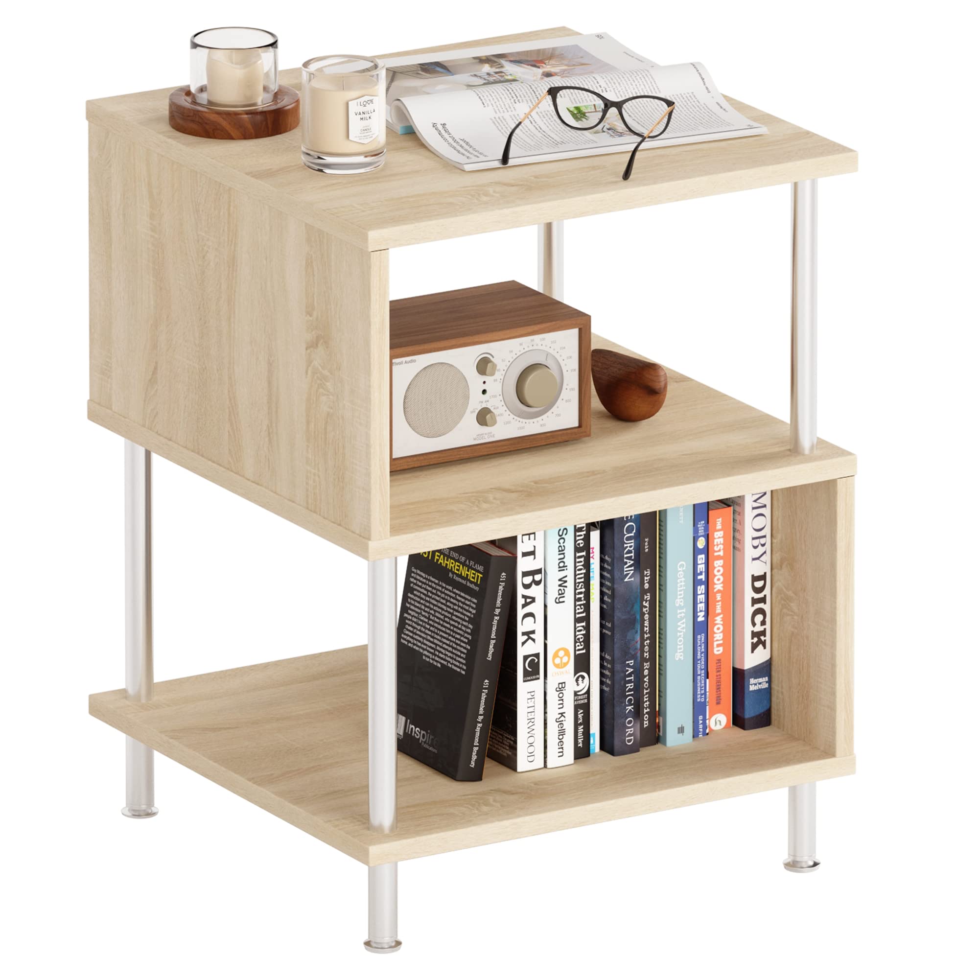Bestier Night Stand, End Table S-Shaped Side Table with Storage Shelf, 3 Tier Sofa Table for Living Room, Bedside Tables for Bedroom, Small Tables for Small Spaces (Light Oak, 15.8 Inch)