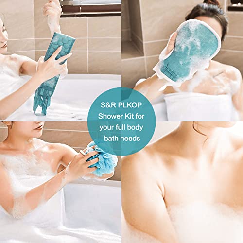 S&R PLKOP Exfoliating Body Scrubber Set -Exfoliating Glove,Back Scrubber and Shower Loofah for Women and Men Shower(3 Pack, Green)