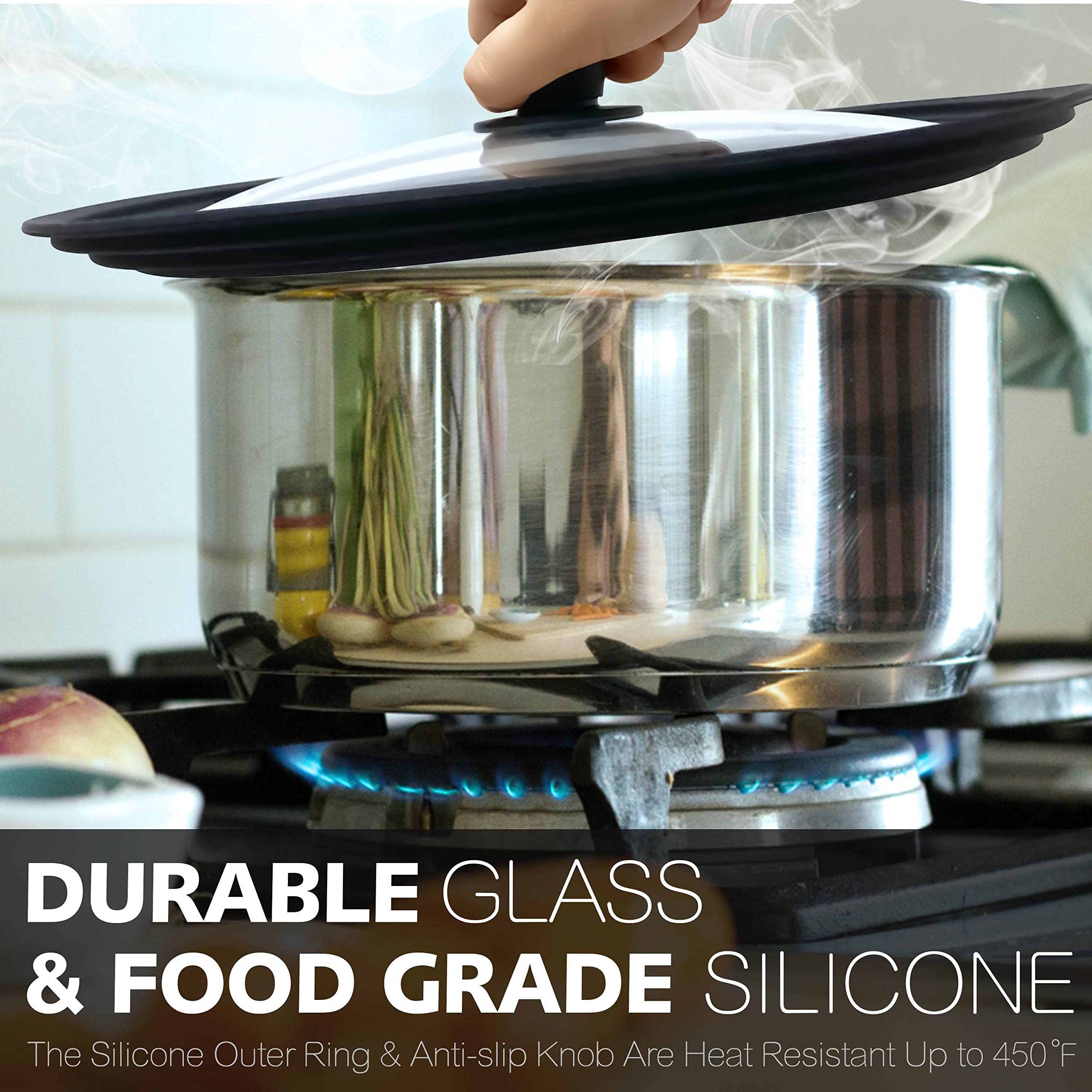 Anaeat Silicone Universal Lid for Pots, Pans and Skillets - Tempered Glass Covered with Heat Resistant Silicone Rim Fits 10", 11" and 12" Diameter Cookware -Easy to Use Replacement Frying Pan Cover