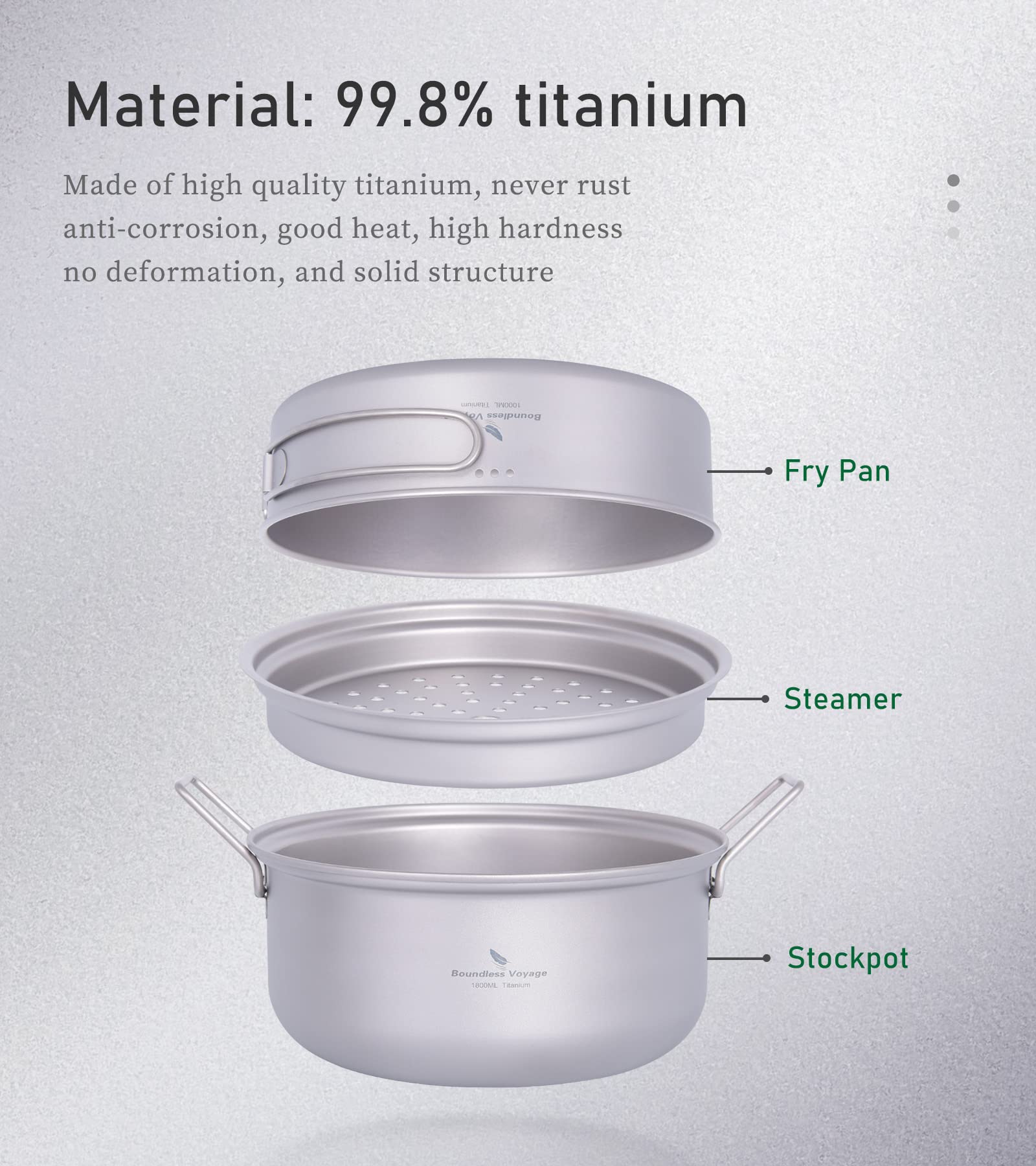 iBasingo 1.8L Titanium Steamer Stockpot Frying Pan Set Ultralight Outdoor Camping Pot Pan Set Portable Campfire Soup Hot Pot Cookware Backpacking Household Kitchen Cooking Kit Ti2101C