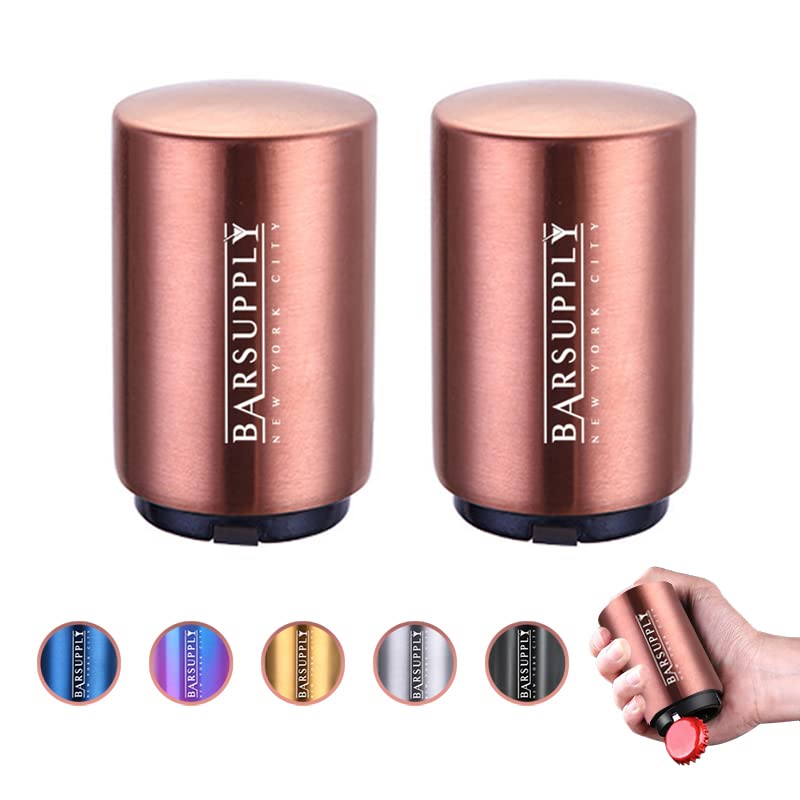 2-Pack Beer Bottle Opener | Push Down and Pop Off Bottle Opener | Automatic Beer Top Popper | Magnetic Cap Catcher | Stainless Steel | Glass Soda Bottle Decapitator | Fun to Use | Set of 2