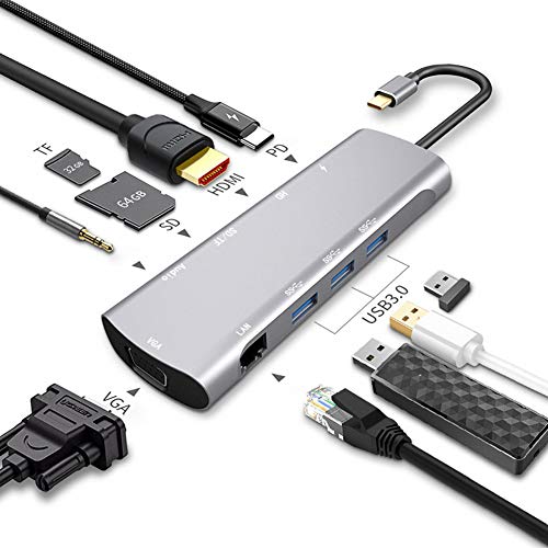 XUNMAIFHB Portable Docking Station,Multi-Function hub 10-in-1 Docking Station PD Charging HDMI, SD/TF Card Slot, 3.5mm Audio Port, VGA, Gigabit Ethernet Port, USB3.03 Fast Transmission