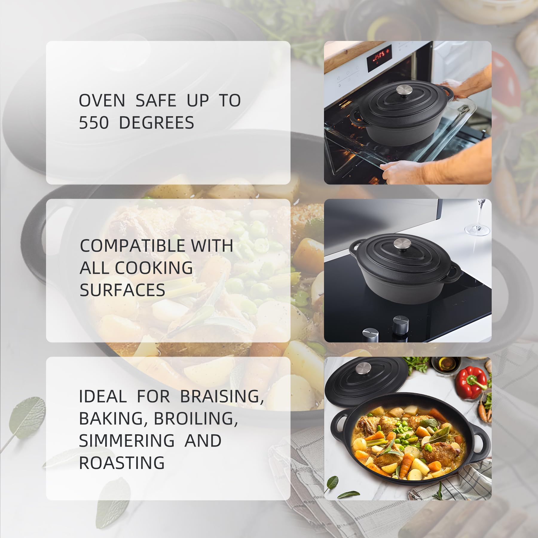 5.5 Quart Oval Enameled Cast Iron Dutch Oven Pot with Lid, Oven Safe up to 550° F & Dishwasher Safe, Sturdy Dutch Oven Cookware