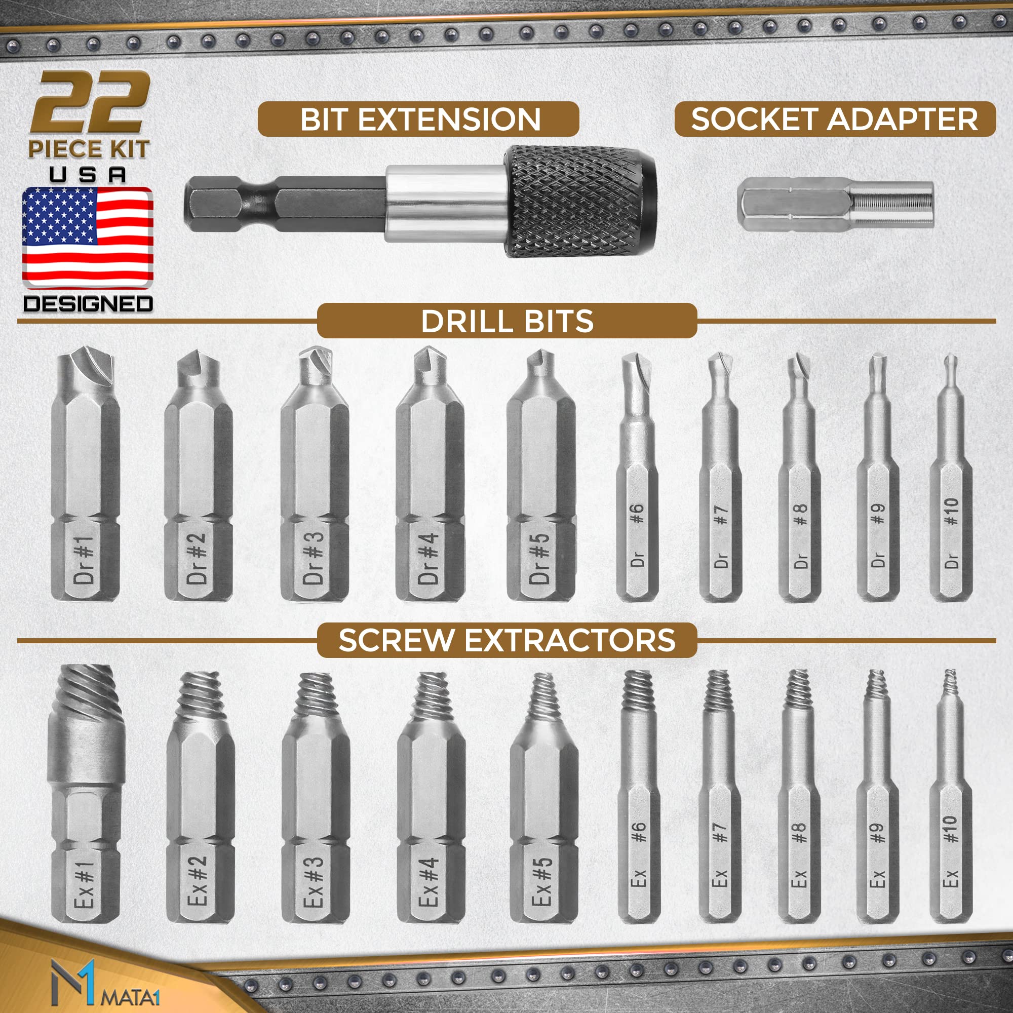 22 pc Screw Extractor Set for Stripped, Broken, Damaged Screws - Remover Kit w/Drill Bits Extractors, Bit Extension & Socket Adapter by Mata1
