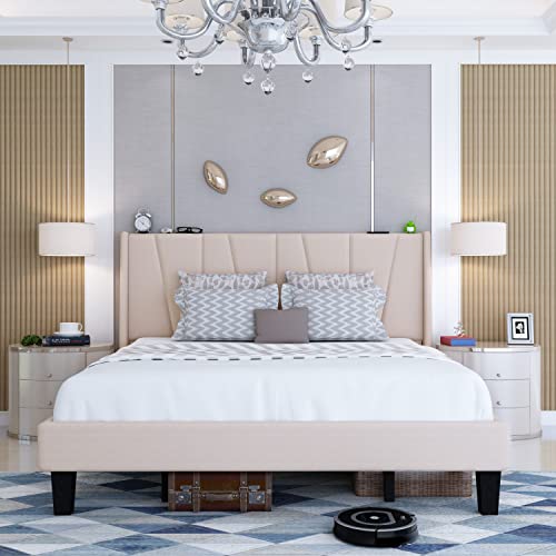 Benevika King Size Platform Bed Frame with Geometric Wingback Headboard, Wooden Slats Support, No Box Spring Needed, Easy Assembly, Gray