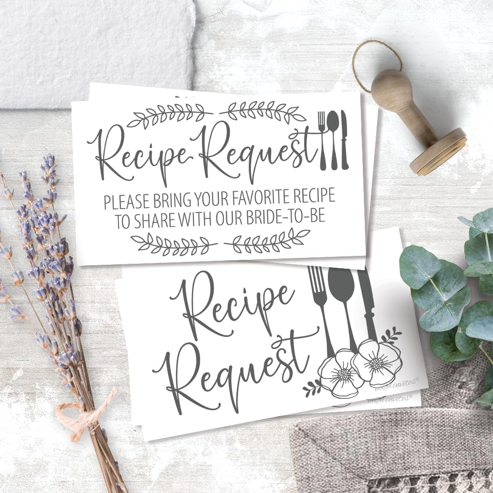 50 Bridal Shower Recipe Request Cards - Laurel and Utensil Silhouette Design - Invitation Inserts
