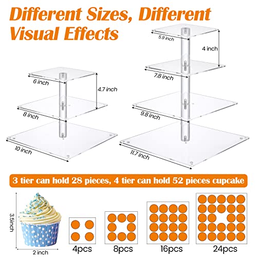 4 Pcs Square Acrylic Cupcake Stand, 4 Tier Cupcake Holder and 3 Tier Cupcake Tower with Yellow LED Light String Cupcake Pastry Display Stand for Wedding Birthday Candy Bar Decor