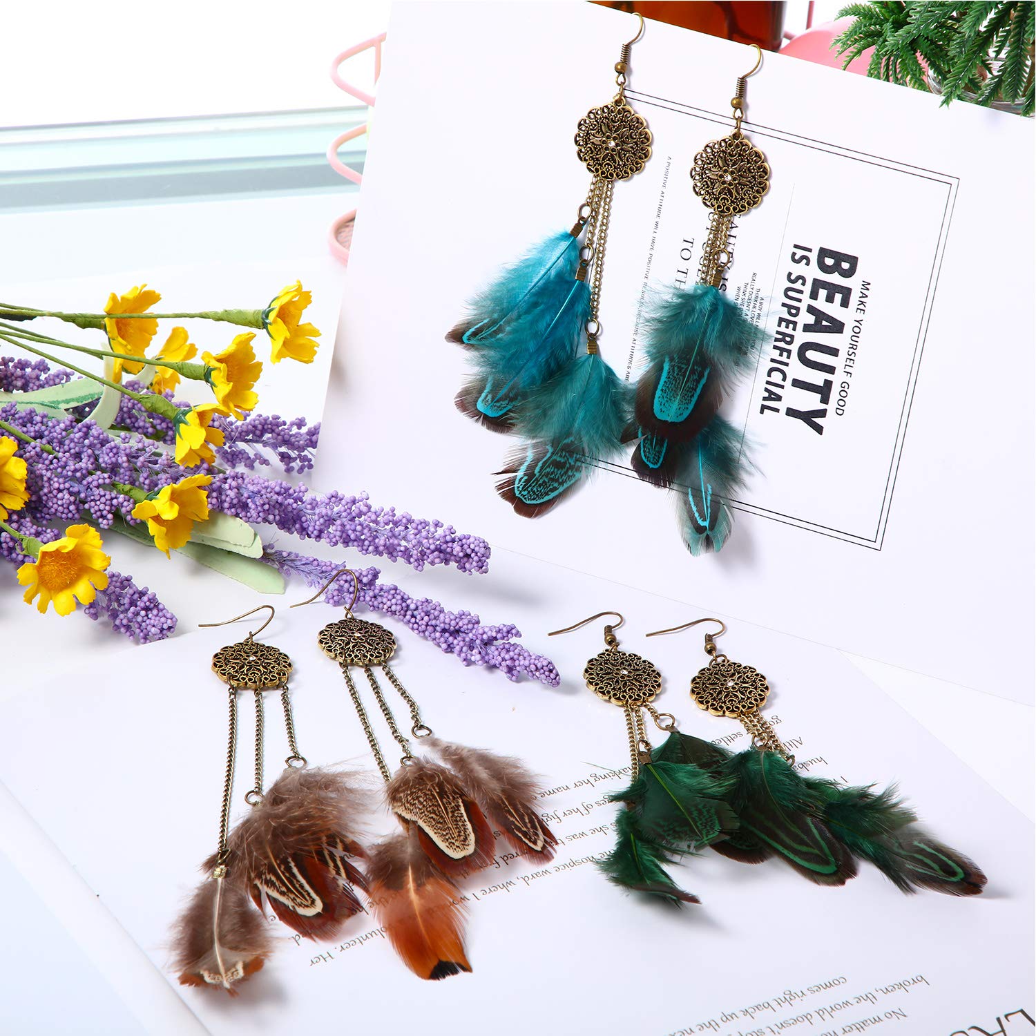 6 Pairs Women Faux Feather Earrings Dream Catcher Earring Bohemian Fringe Tassel Long Drop Dangle Earrings Set with Design for Women (Style 2)