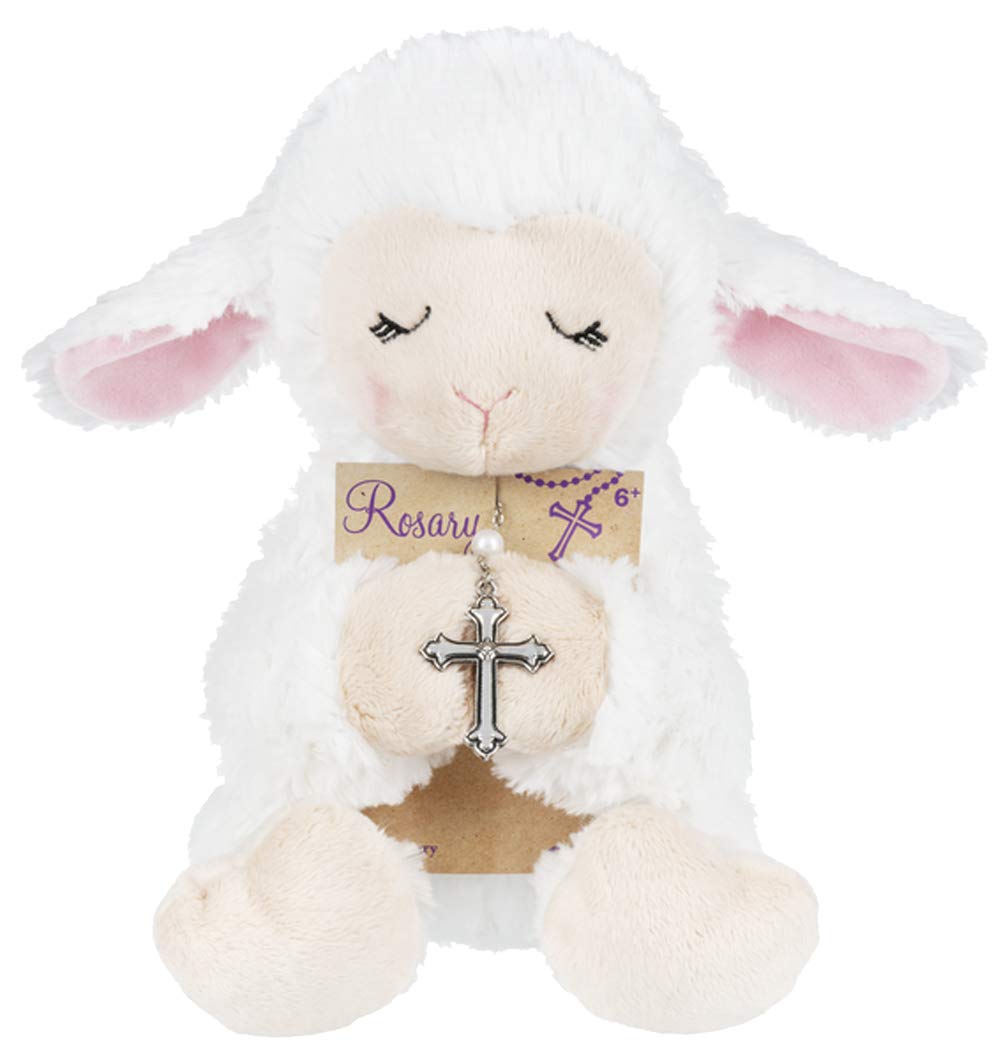 Blessed Plush Lamb 8.5 inches with Rosary Set for First Communion, Christening, Baby Rosary Baptism Gifts for Girl, Baptism Gifts for Boys Rosary for Kids