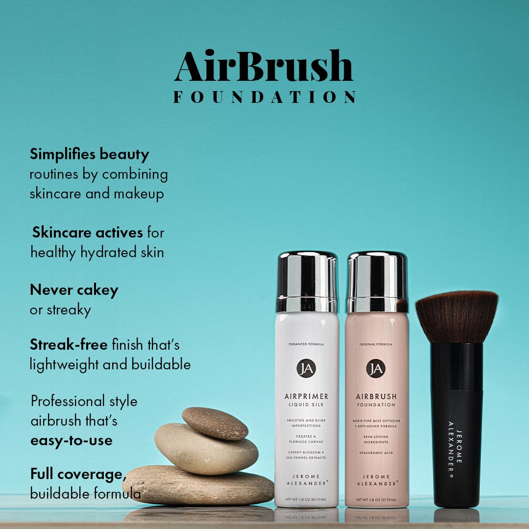 MagicMinerals AirBrush Foundation Set by Jerome Alexander – 3pc Set Includes Primer, Foundation and Kabuki Brush - Spray Makeup with Anti-aging Ingredients for Smooth Radiant Skin (Warm Medium)