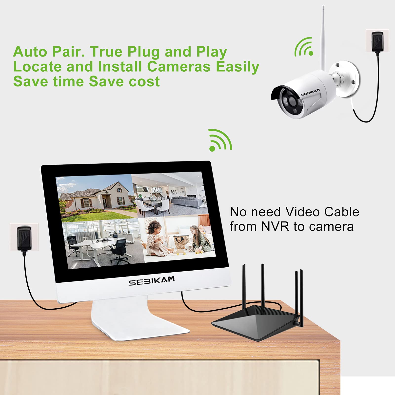 SEBIKAM Wireless Security Camera System with 10.1" HD Monitor, 10CH Expandable Home Surveillance System, IP66 Weatherproof 4pcs 2K/3MP Indoor Outdoor Cameras, Night Vision, Motion Detection (No HDD)