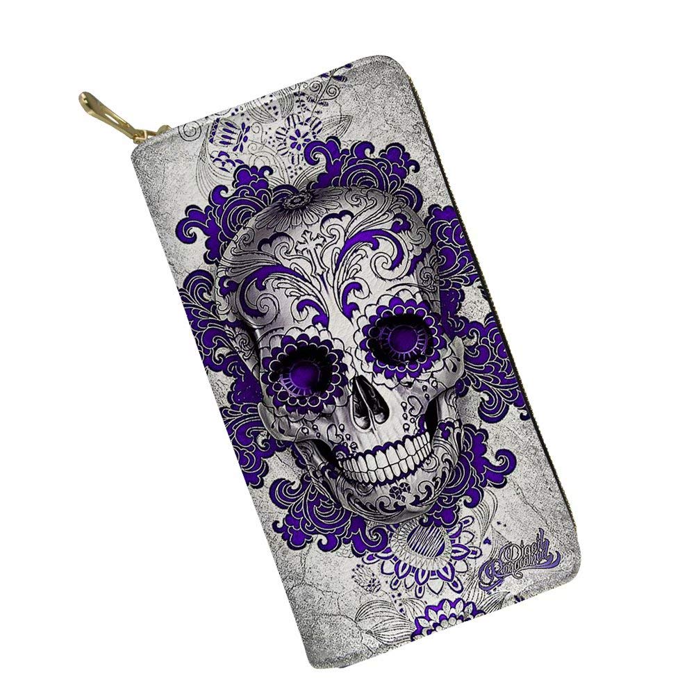 AFPANQZ Gothic Sugar Skulls Women's Wallets Large Capacity with RFID Protection Leather Long Clutch Phone Holder Zip Inner Pocket Multi-Cards Slots Large Travel Wallet Bifold Purses Silver Purple