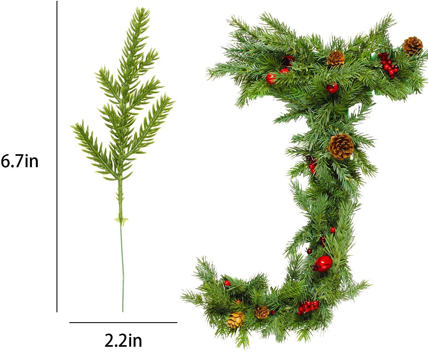 Alpurple 100 Packs Artificial Pine Needles Branches Garland-6.7x2.0 Inch Green Plants Pine Needles-Fake Greenery Pine Picks for Christmas Wedding Party Home Garden Fireplace Décor(100PCS)