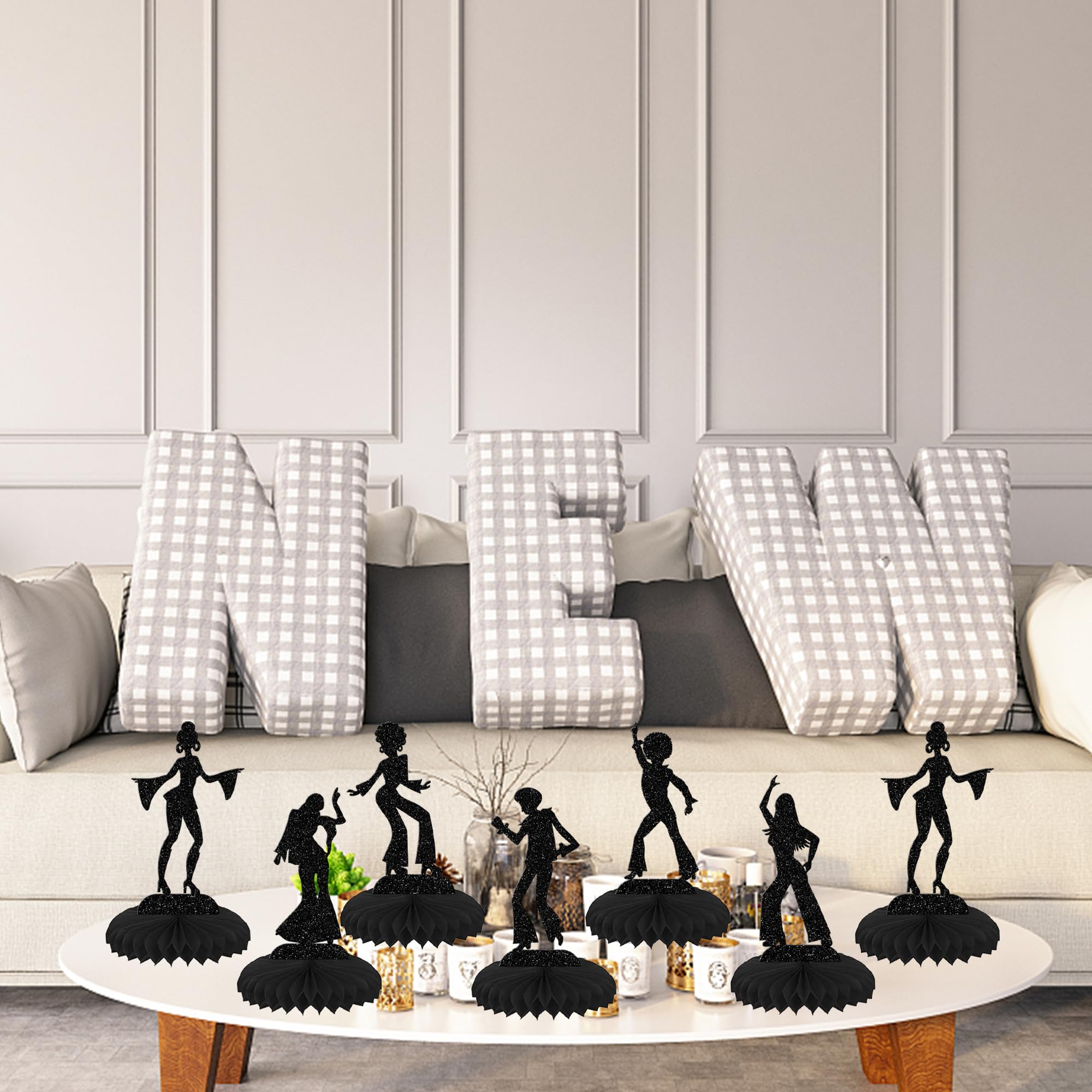 6 PCS 70's Disco Party Decorations 70s Disco Dancing Honeycomb Table Centerpiece Black Glitter 80's Disco Dancer Table Toppers Honeycomb Centerpieces for Music Disco Theme Birthday Party Supplies