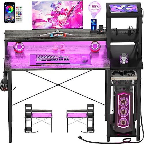 armocity 2023 Upgrade Gaming Desk with LED Lights, Small Computer Desk with Long Monitor Stand, 40'' Reversible Laptop Table with Storage Shelves, Small Desk for Small Spaces, Gaming Room, Grey