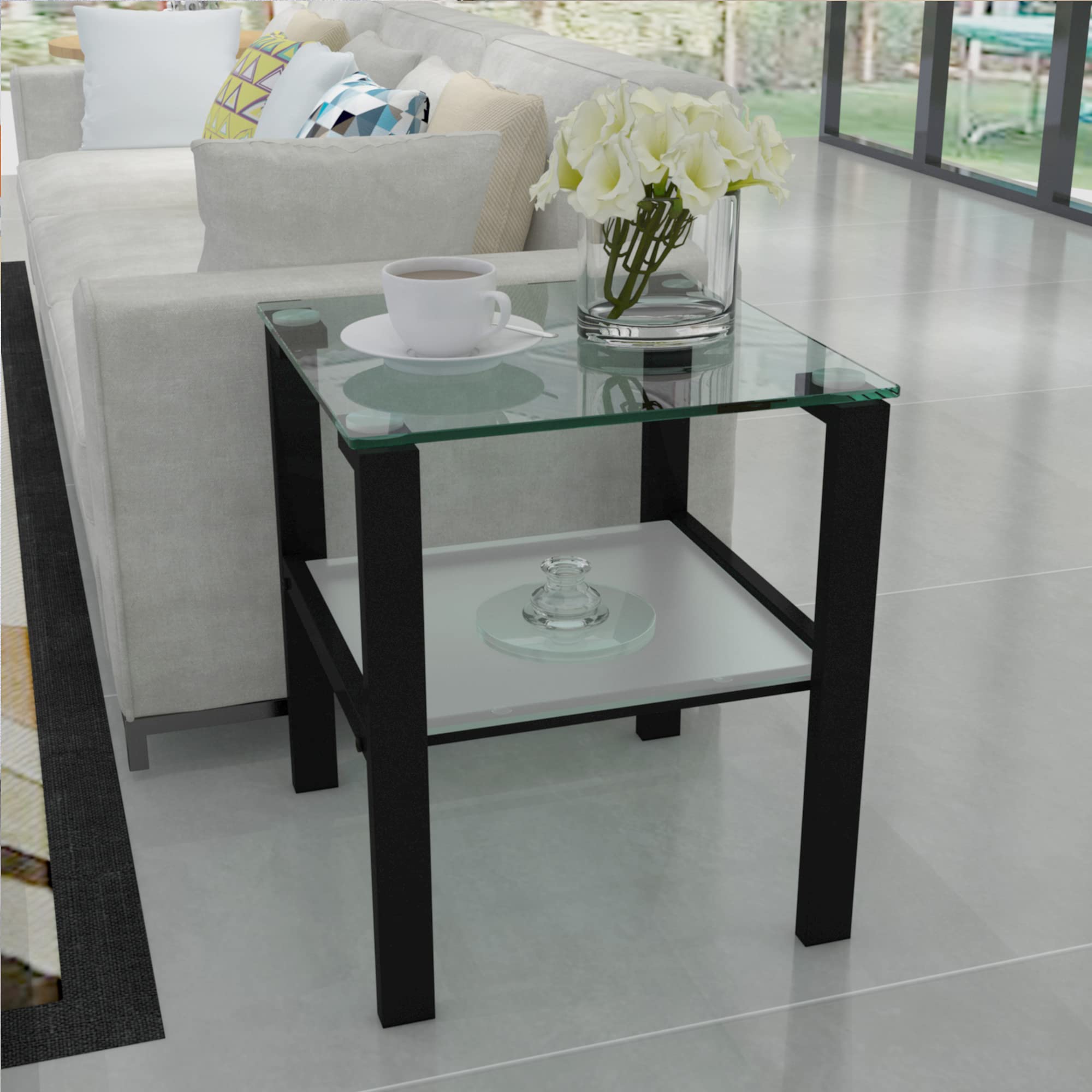 POULEII Living Room Table Set,3 Piece Glass Coffee and End Tables Set for Room,Coffee with Tempered Tabletop Metal Frame Apartment, Small Space Black