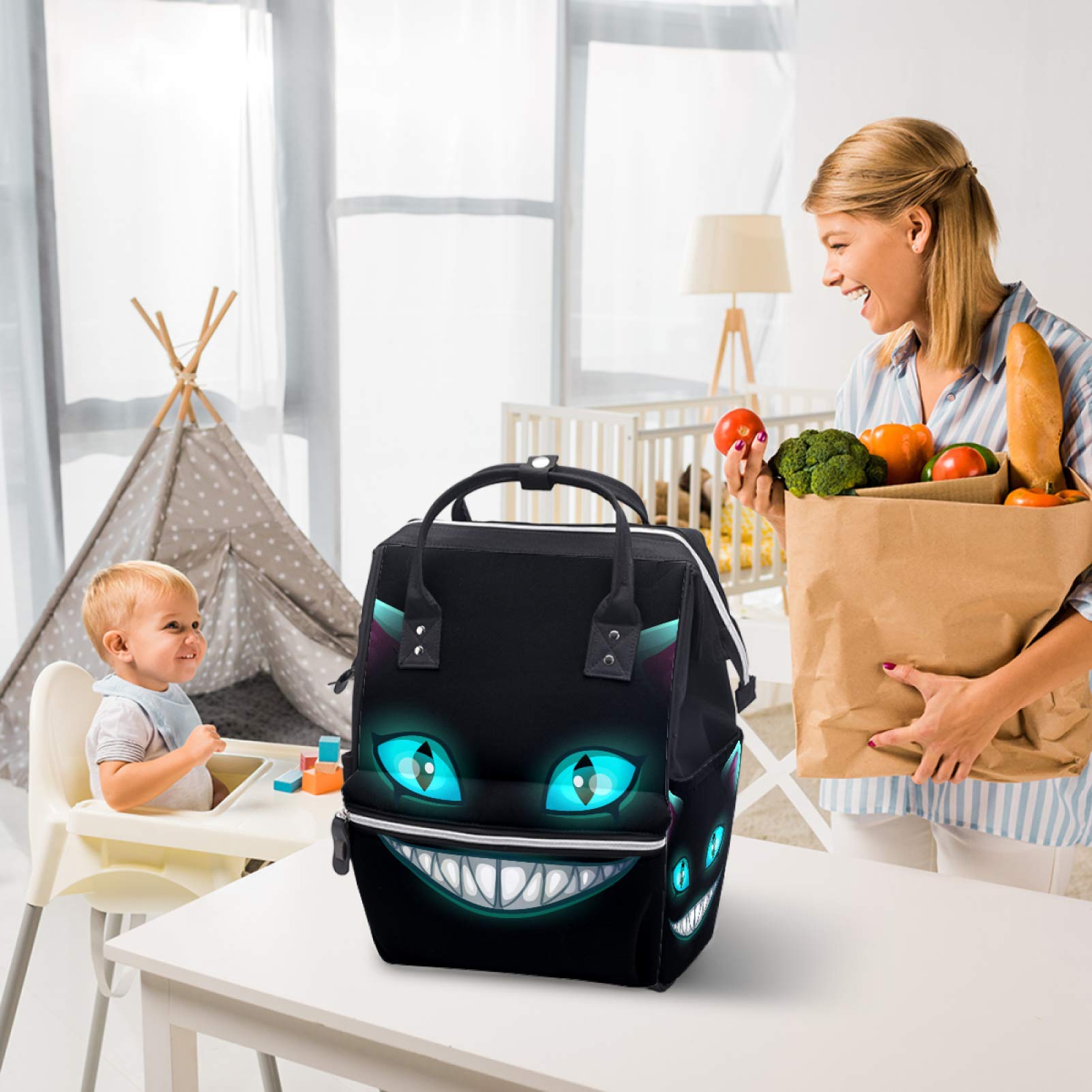 Inhomer Scary Cheshire Cat Vampire Face Diaper Bag Travel Mom Bags Nappy Backpack Large Capacity for Baby Care