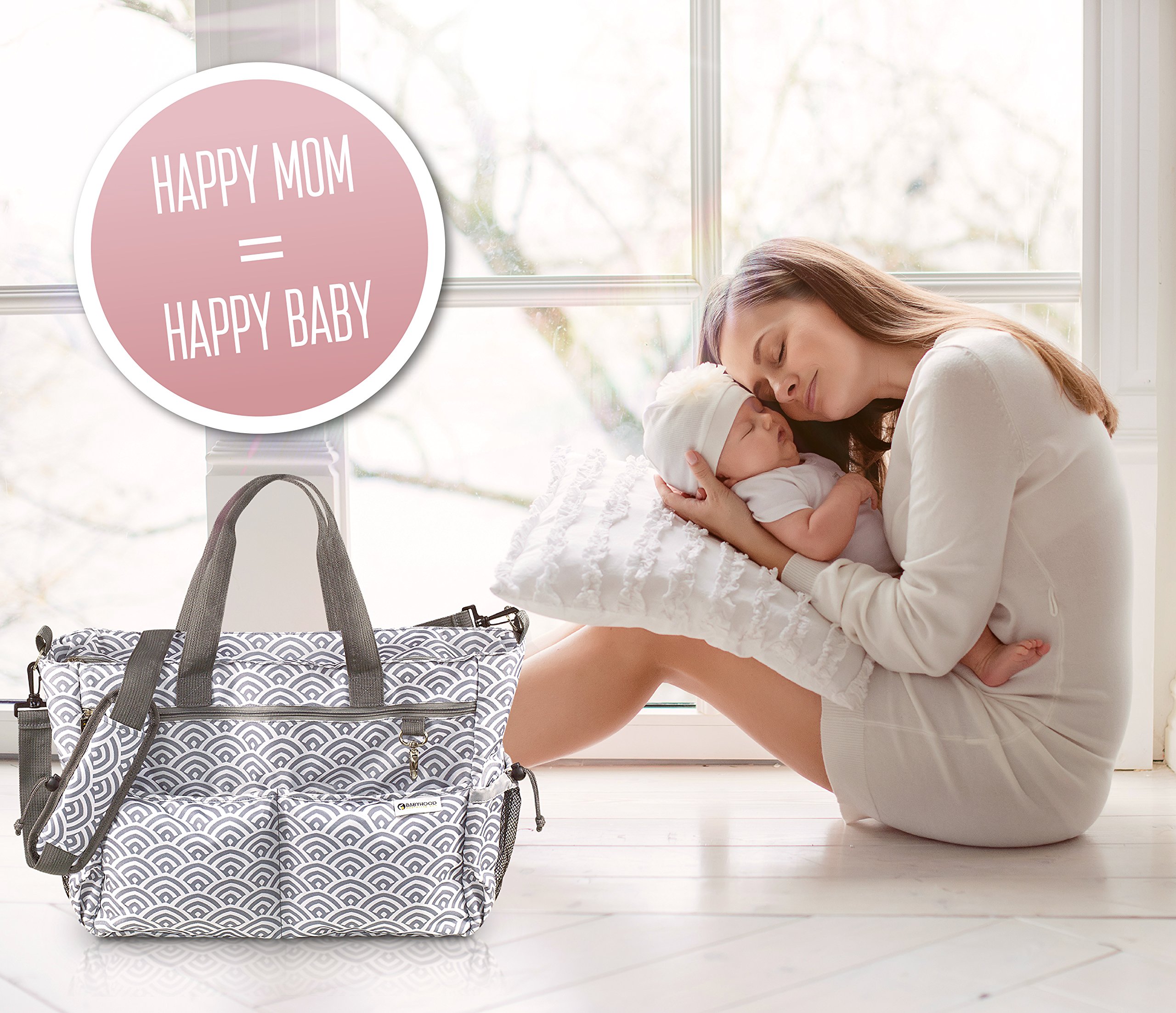 BABYHOOD X-Large Designer Baby Diaper Bag 12 Multi-Use Pockets, Stroller & Shoulder Straps, Insulated Bottle Holders, Padded Changing Mat, Special Summer Sale
