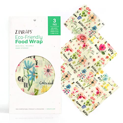 Z Wraps - Reusable Beeswax Food Wraps - Assorted 3-Pack (S, M, L) - Made in USA with 100-Precent Cotton, Organic Beeswax and Jojoba Oil - Bees Love These