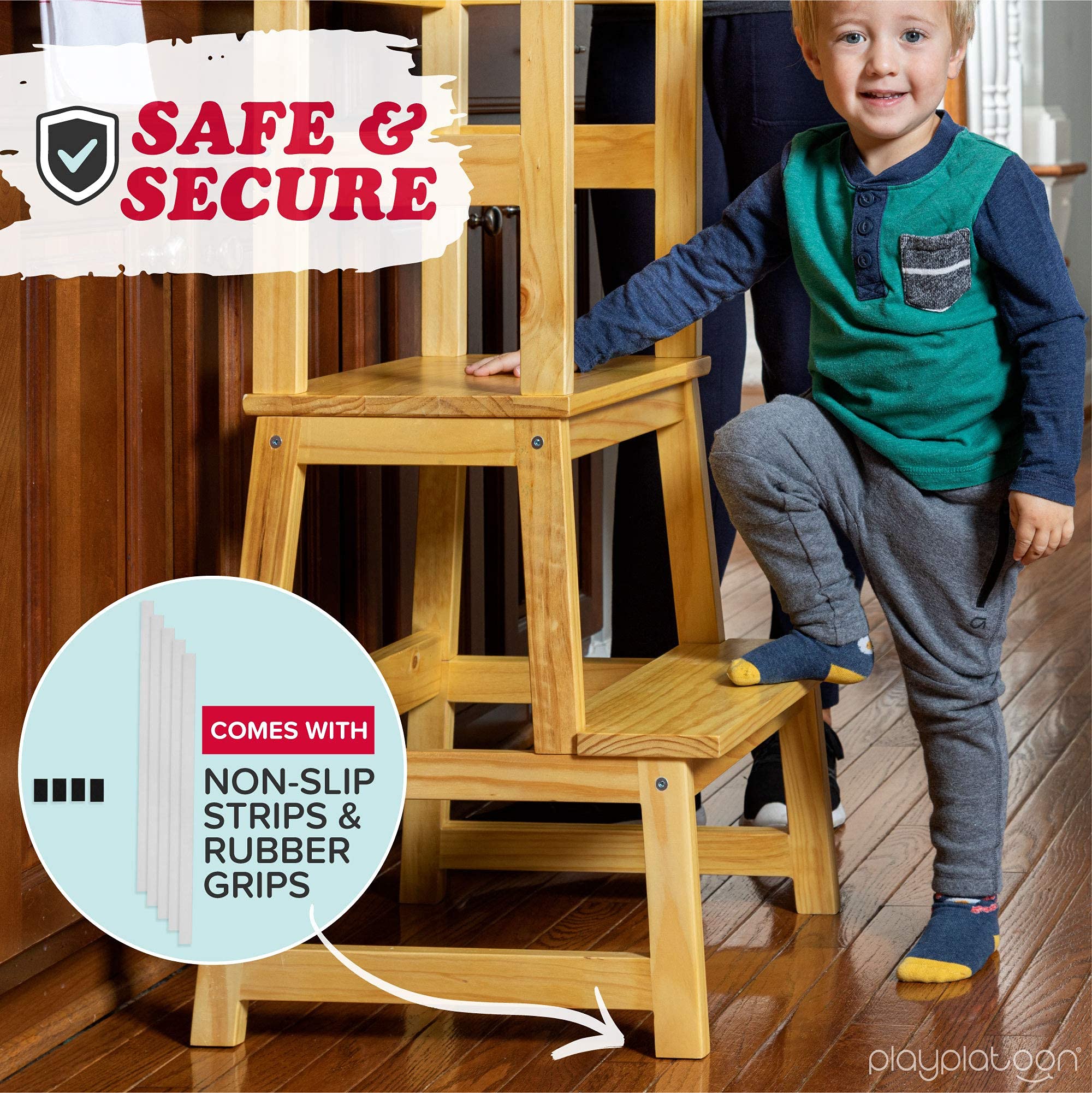 Play Platoon Toddler Kitchen Stool - Light Wood Wooden Step Stool Tower for Kids Counter Learning, Standing Tower for Kitchen Counter, 3 Heights Adjustable Solid Wood, Safe Non-Slip Mat