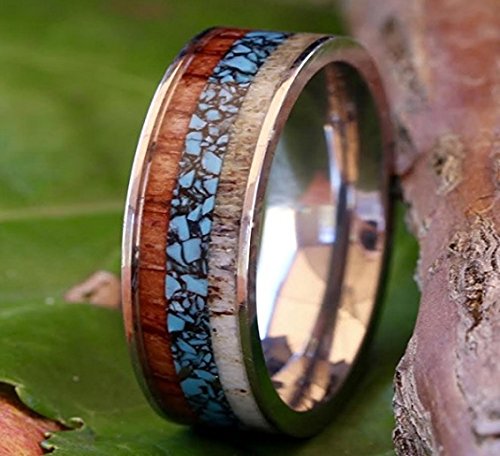 2 pc Wedding Rings Set Deer Antler Turquoise Koa Wood Stainless Steel Sterling Silver Engagement Rings (10)