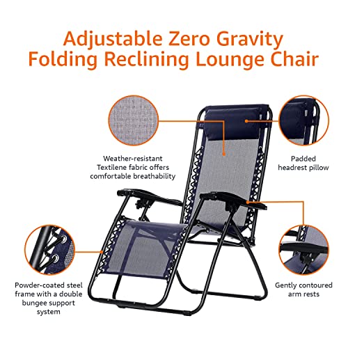 Amazon Basics Outdoor Textilene Adjustable Zero Gravity Folding Reclining Lounge Chair with Pillow, 26", Navy Blue