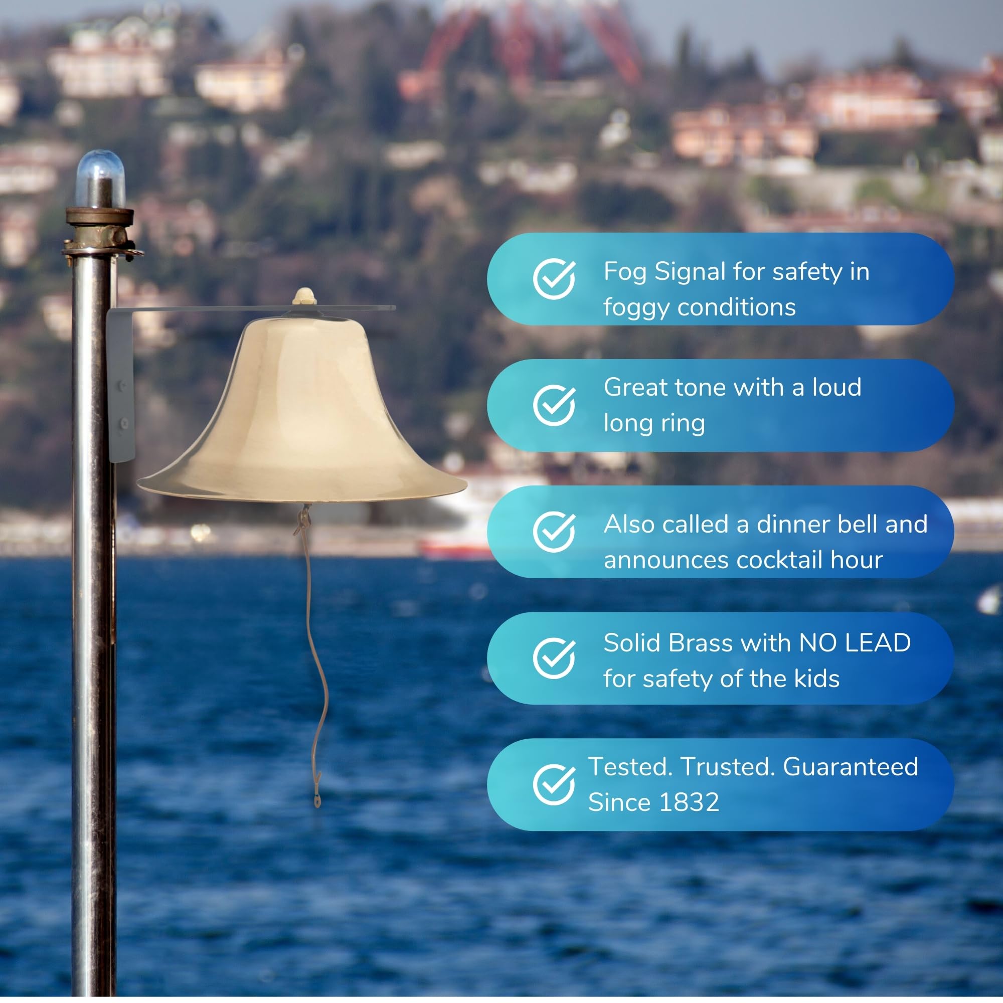 Bevin Bells Yacht Bell – Solid Brass 8" Fog Bell | Ship Bell | Boat Bell | Wonderful Tone with a Loud and Long Ring | Hanging Bell | Highly Polished and Lacquered | Made of Solid Brass | Made in USA