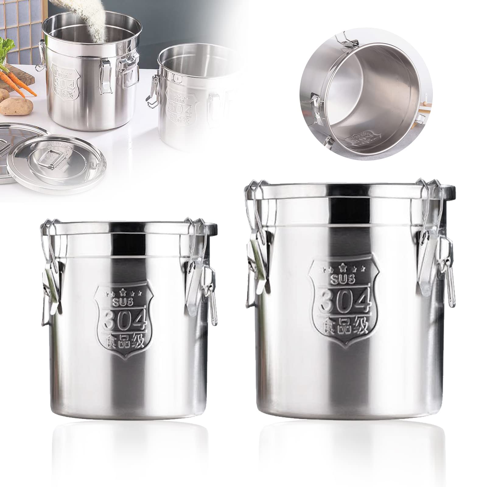 304 Stainless Steel Airtight Canister for Kitchen, Rice Cereal Grain Canisters Container, Metal Kitchen Rice Oil Storage Bucket for Household Kitchen Food w/Handles+Lid (Silver-12L)