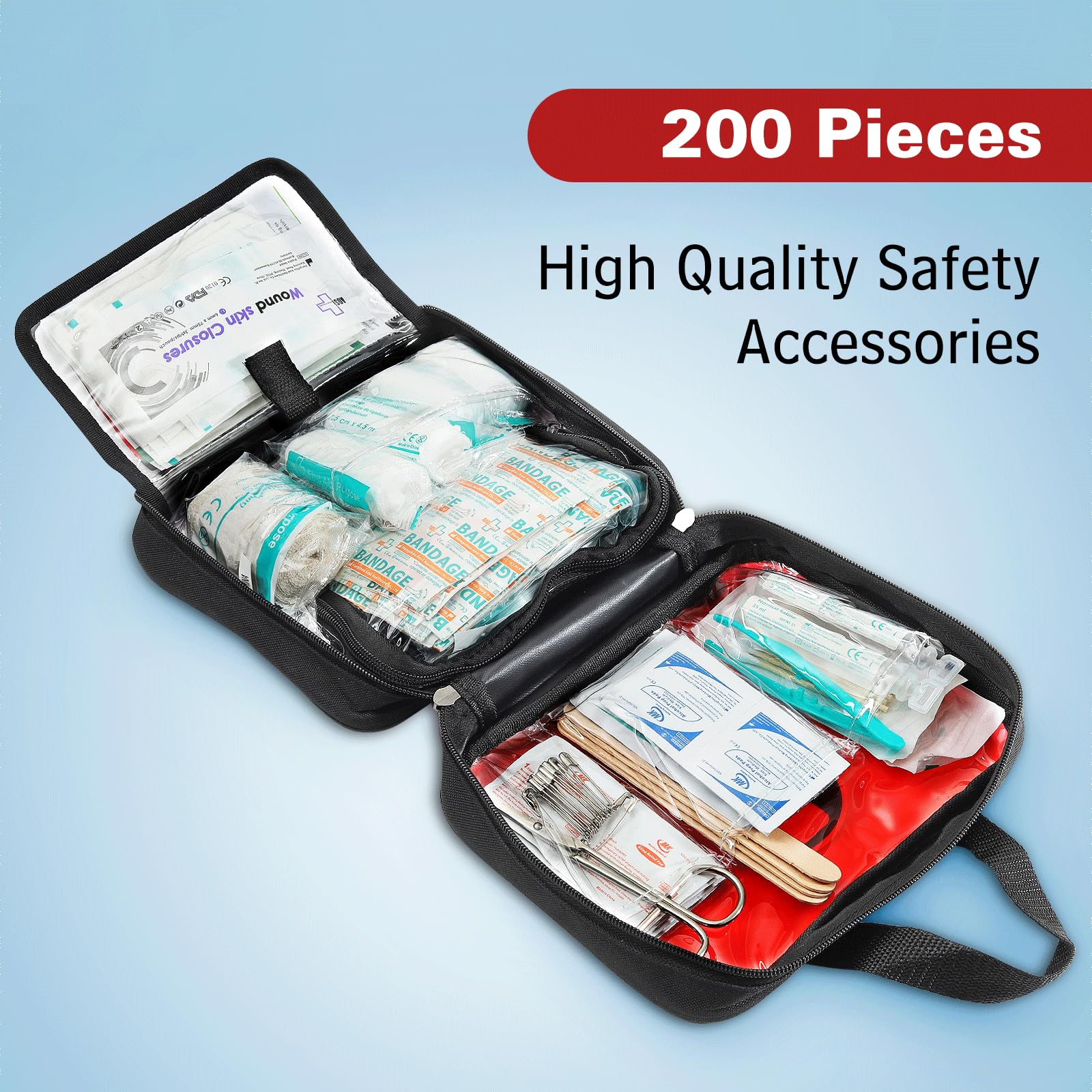 200 Pieces First Aid Kit with Hospital Grade Medical Supplies - Includes Emergency Blanket, Bandage, Scissors - Great for Home, Outdoors, Office, Car, Travel, Camping, Hiking, Boating (Red)