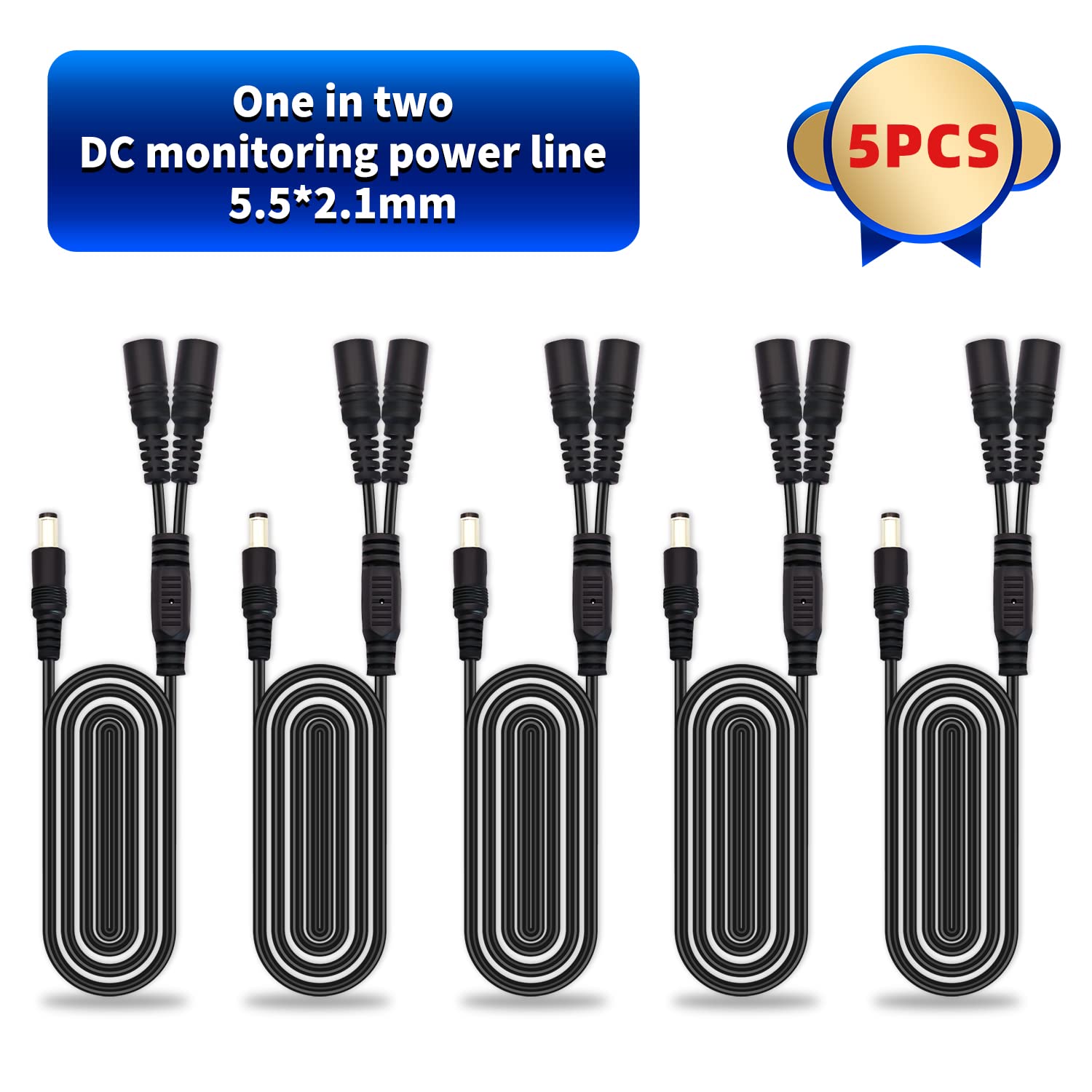 DaFuRui 2.1mm DC Splitter Cable,5Pack 5.5mm x 2.1mm Male to Dual 5.5mm x 2.1mm Female Output Power Splitter Cable Y Adapter Extension Cable for for CCTV Cameras LED Light Strip