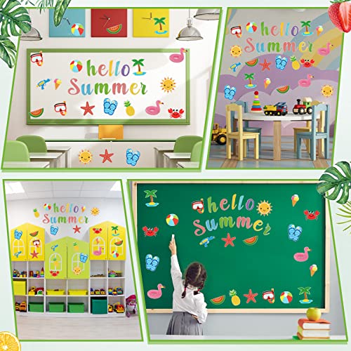 46 Pcs Hello Summer Cutouts Summer Bulletin Board Set Hawaii Ice Cream Watermelon Palm Tree DIY Paper Cutouts Wall Decals Beach Party Decorations for Classroom Kindergarten Party Supplies
