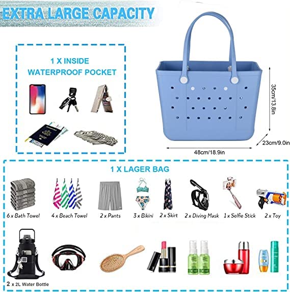 angilifan X Large Rubber Waterproof Beach Tote Bag, Durable Open Tote Travel Bag, Washable Anti-Tip Durable Beach Storage Basket Hole Open Tote Bag for Gym Beach Pool Travel