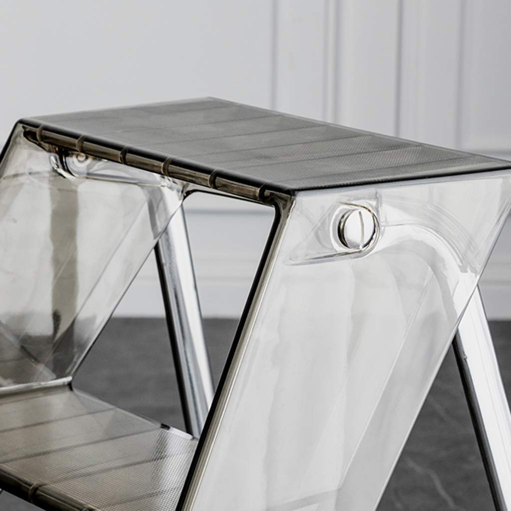 Acrylic 3 Step Ladder Step Stool Transparent L44xW52xH63cm Folding Step Stool 150kg Capacity Ladder for Kitchen Electroplated Silver Iron Frame Household Stool