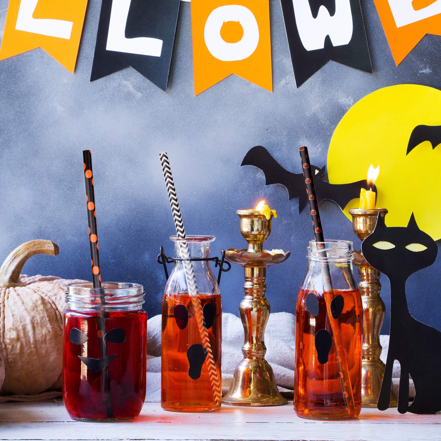 250 Pieces Halloween Drinking Straws Pumpkin Paper Straws Striped Paper Drinking Straws with Pumpkin Bat Spider Web Skeleton Pattern for Halloween Party Supplies, 10 Styles