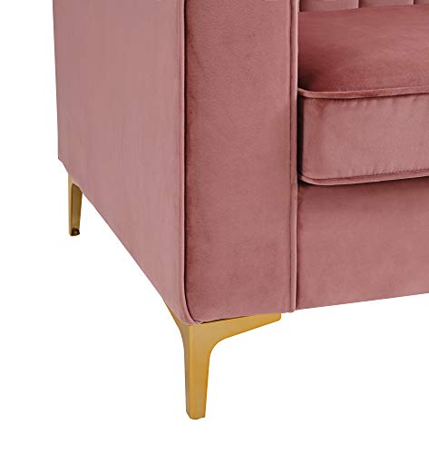 Iconic Home Brasilia Modular Chaise Sectional Sofa Velvet Upholstered Vertical Channel Quilted Seat Back Solid Gold Tone Metal Y-Legs with 2 Throw Pillows Modern Contemporary, Blush
