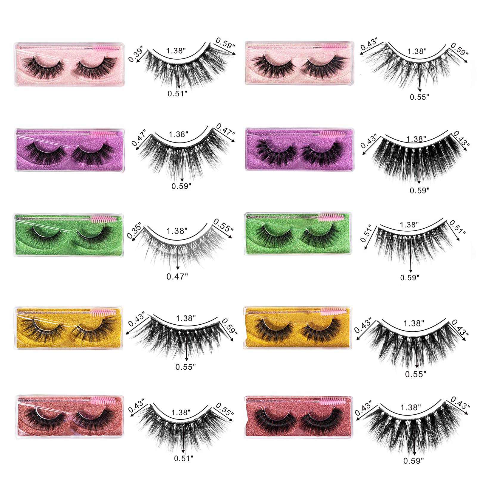 False Eyelashes Wispy 13 to15mm 3D Fluffy Eyelashes Wholesale - Pack 10 Pairs 10 Styles Mink Lashes Bulk -Lightweight Reusable Fake Mink Eyelashes -Natural Look Faux Lashes with Glitter Portable Box
