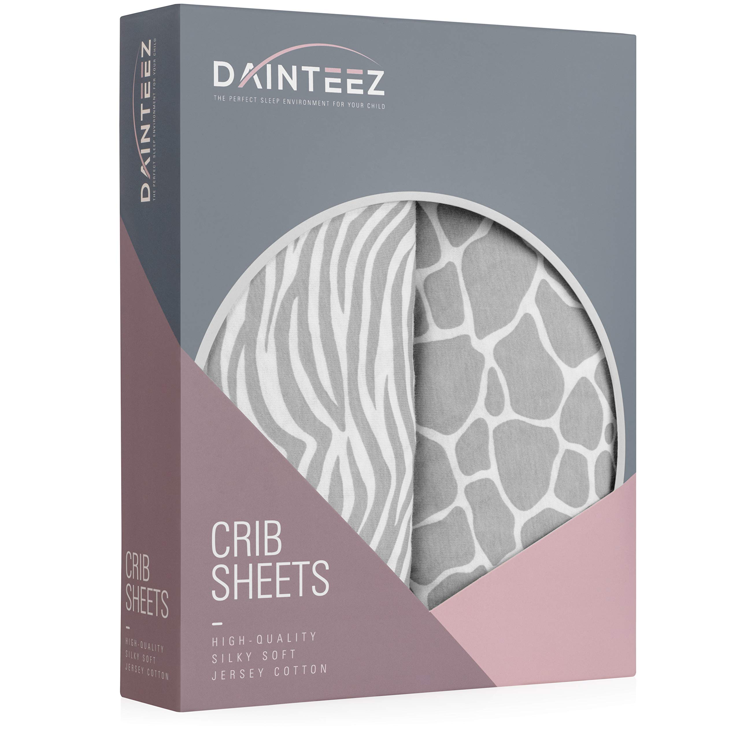 Dainteez - Baby Crib Sheet Set (2 Pack) | Super Snuggly All Natural Jersey Cotton Crib and Toddler Mattress Fitted Cover | Cute Gender Neutral Safari Grey Bedding Design | Great